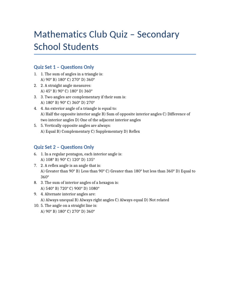 Secondary School Maths Quiz Questions | PDF