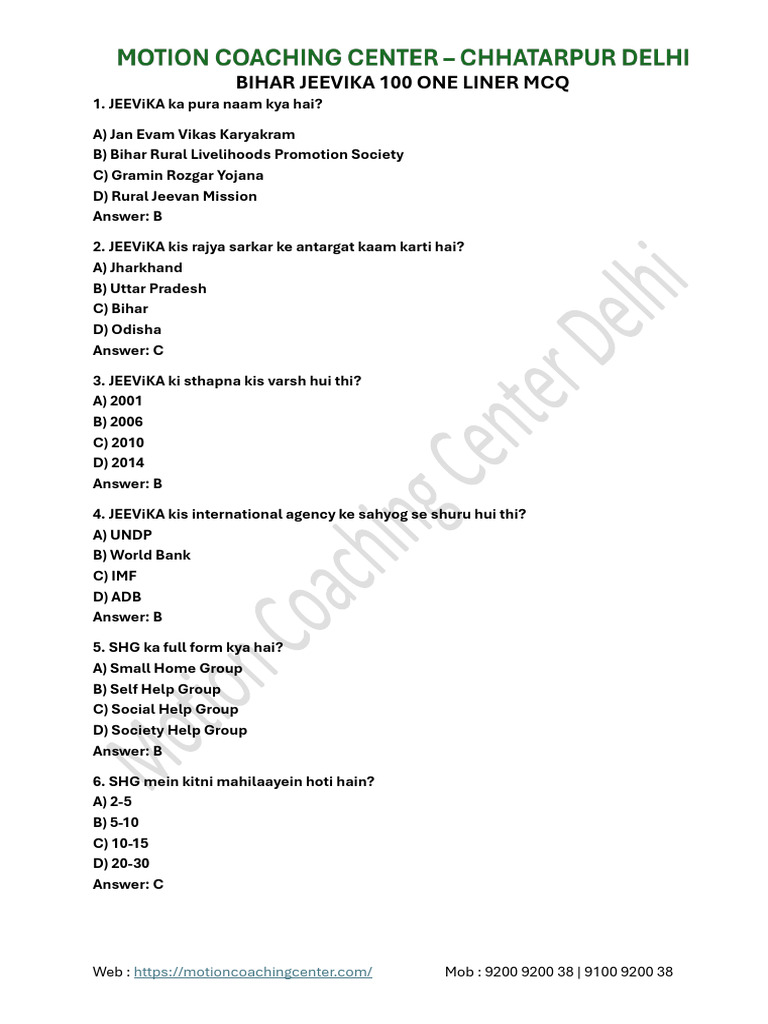 Bihar Jeevika 100 MCQ Previous Year | PDF | Economy Of India | Rural ...
