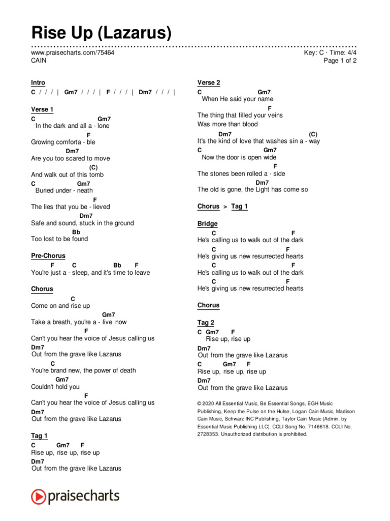 Rise Up (Lazarus) (CAIN) Chord Chart - C - 2 Column Layout | PDF | Song ...