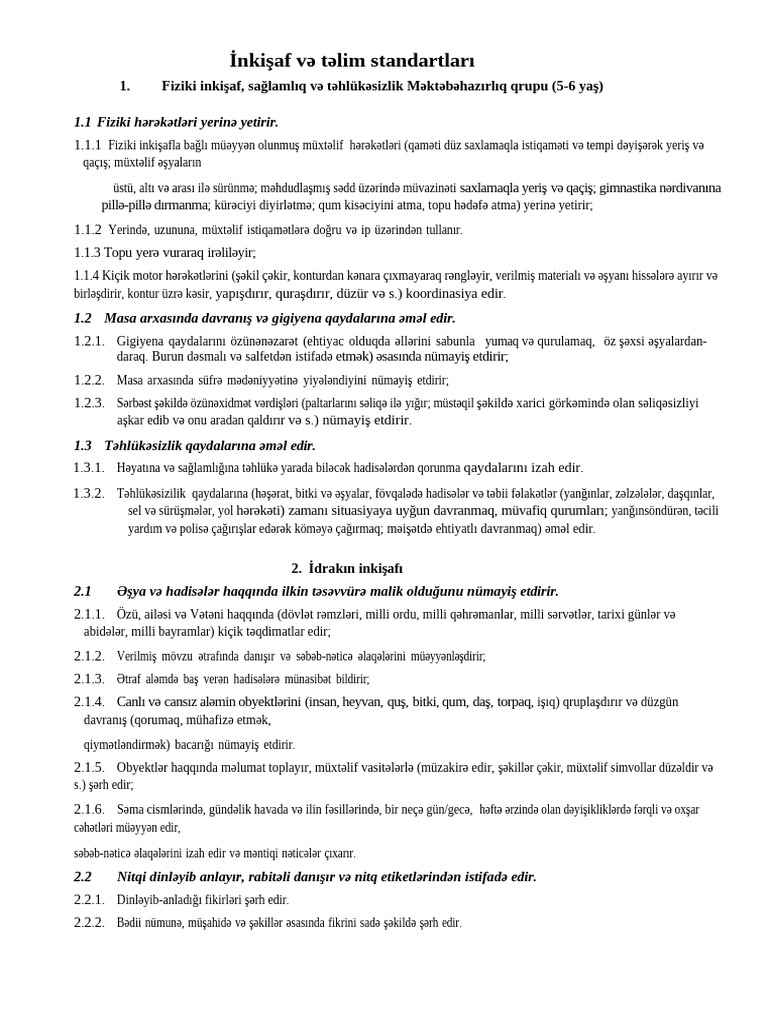 İnkişaf VƏ Təlim Standartları | PDF