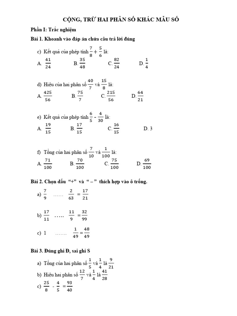 BTVN phép cộng, trừ phân số | PDF