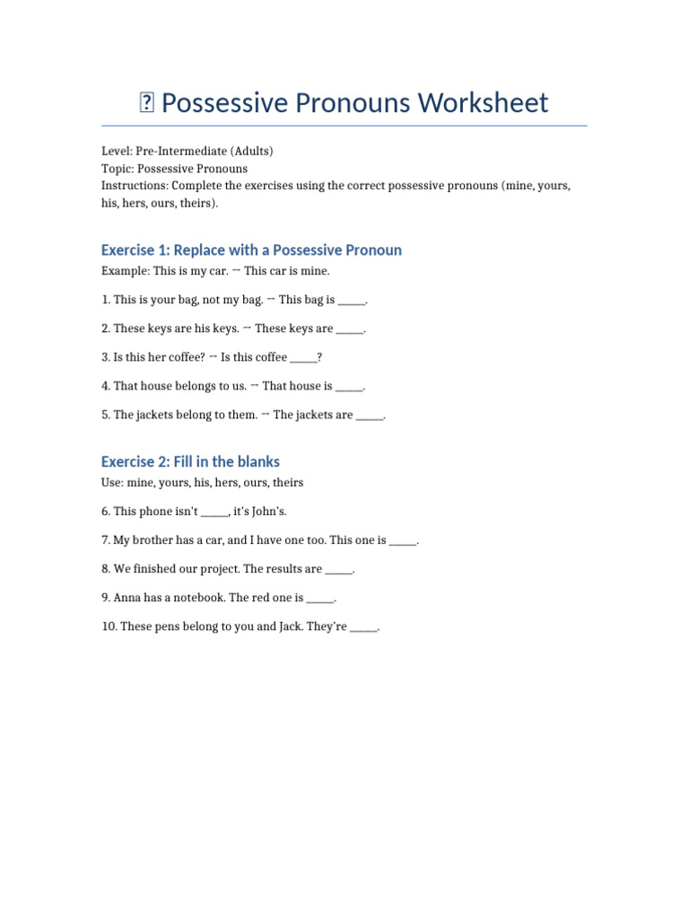 Possessive Pronouns Worksheet PreIntermediate | PDF