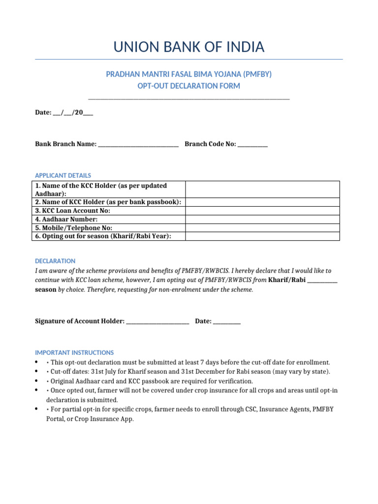 PMFBY OptOut Form UnionBank | PDF