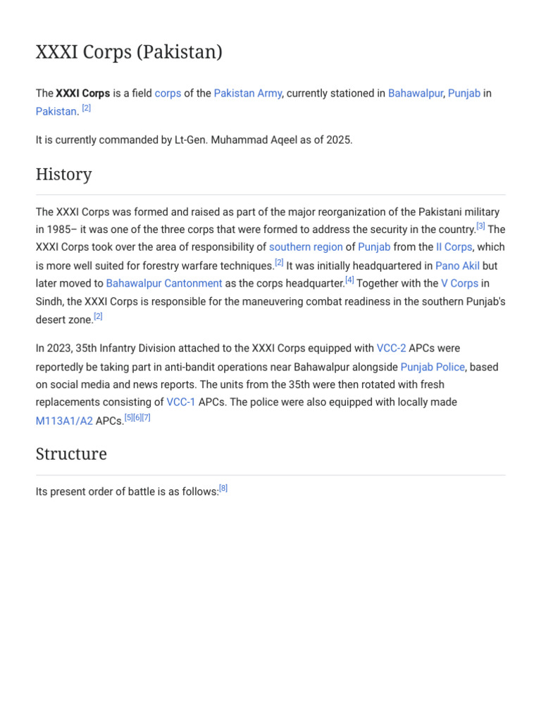 XXXI Corps (Pakistan) - Wikipedia | PDF | Corps | Government Of Pakistan