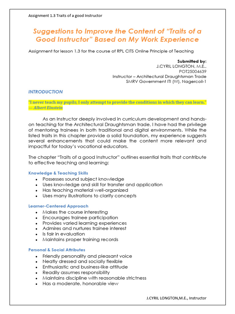 Assignment 1.3 Traits of A Good Instructor | PDF | Mentorship | Learning
