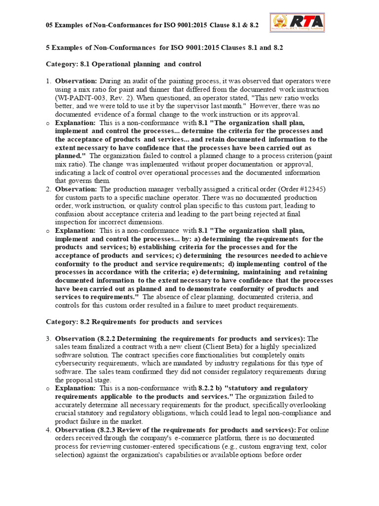 05 Examples of Non-Conformances For ISO 9001 - 2015 Clause 8.1 & 8.2 ...