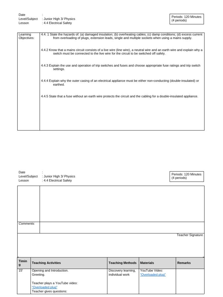 Electrical Safety Lesson Plan | PDF | Electric Power | Electromagnetism