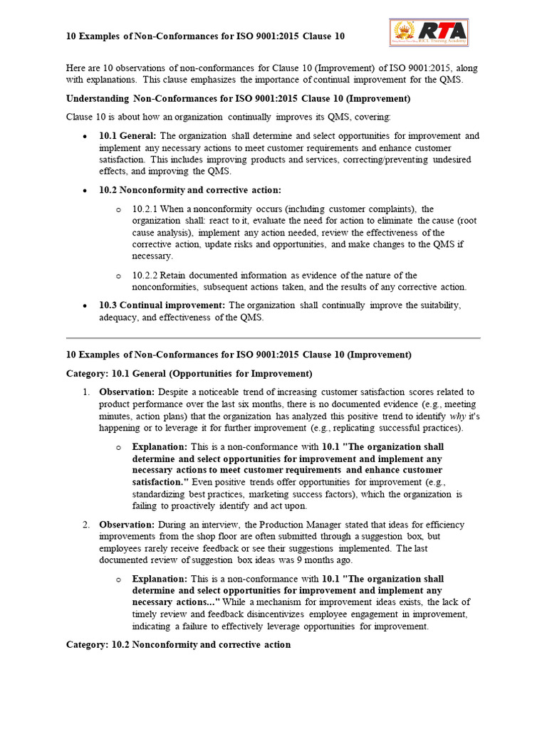 10 Examples of Non-Conformances For ISO 9001 - 2015 Clause 10 | PDF ...