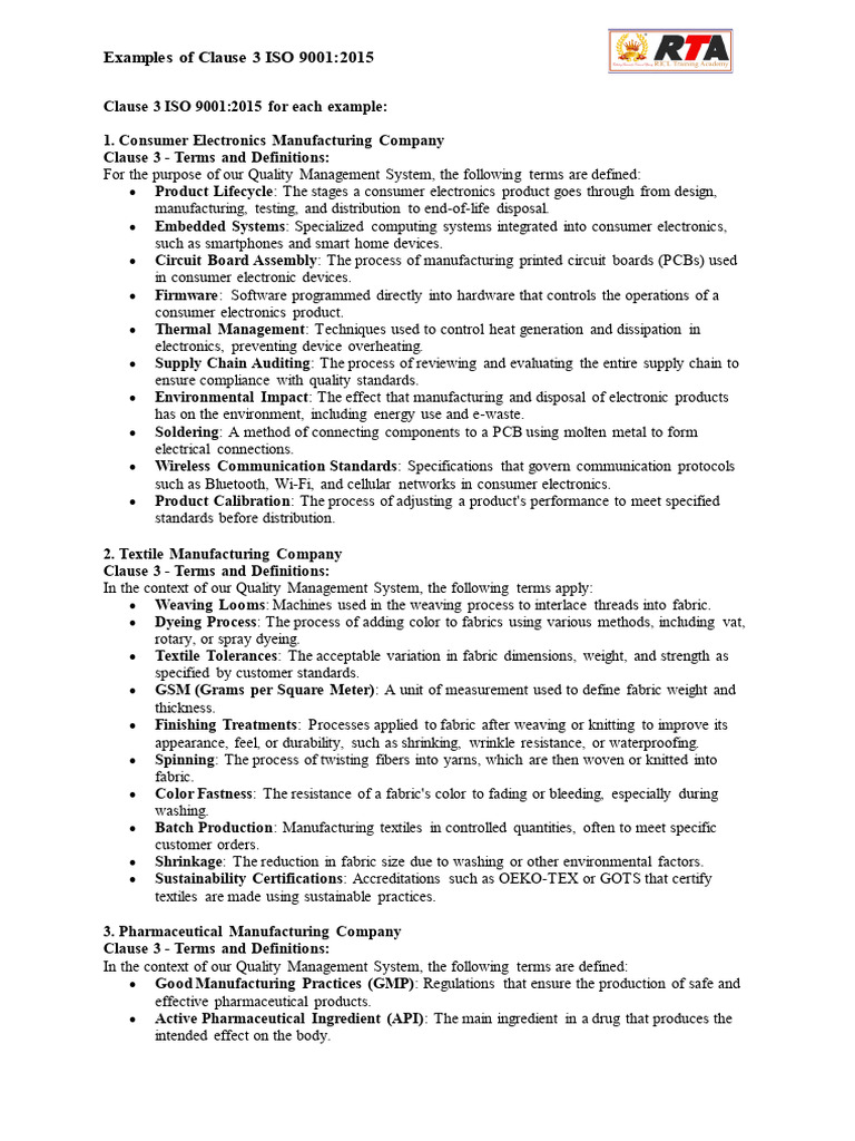 Examples of Clause 3 ISO 9001 - 2015 | PDF | Steel | Textiles