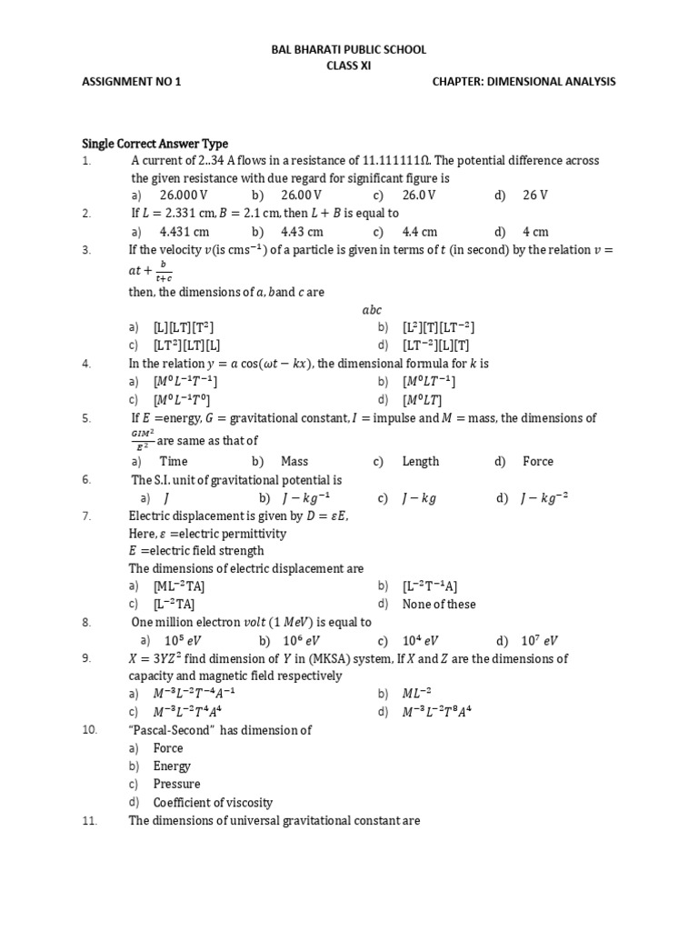 Xi - Physics - 1 - Dimensional Analysis | PDF | Force | Pressure