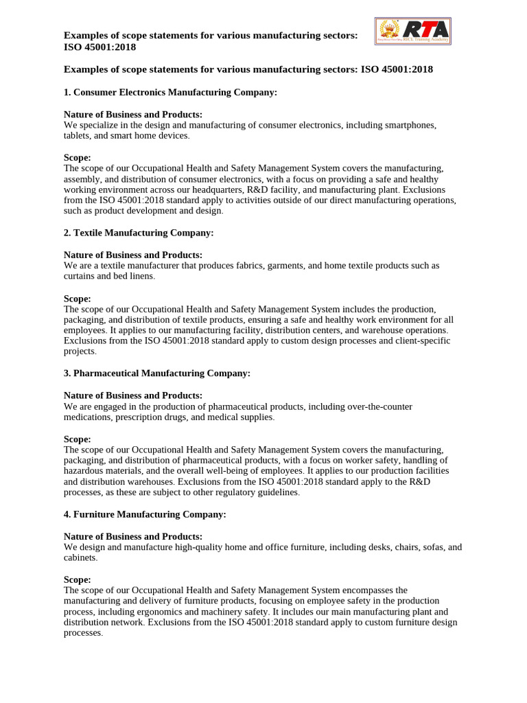 ISO 45001 Scope Statement Examples | PDF | Occupational Safety And ...