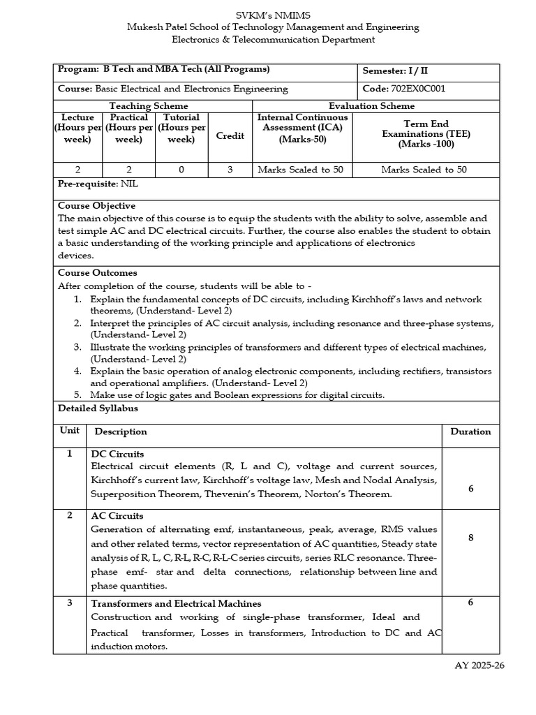 BEEE Revised Syllabus 2025 | PDF | Electronics | Electronic Circuits