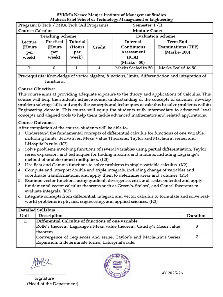 Syllabus Calculus 2025 26 | PDF | Integral | Calculus