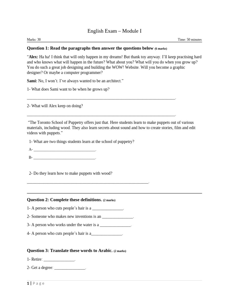 English Exam Module I: Practice Questions | PDF | Question | Linguistics