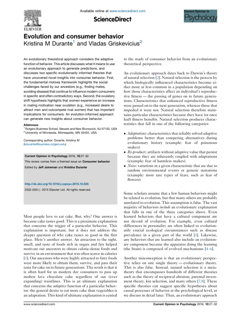 Durante Evolution Consumer Behavior | PDF | Evolution | Behavior