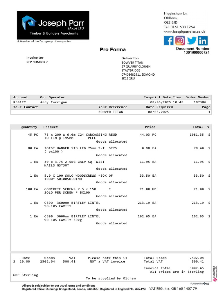 Pro Forma Invoice for Construction Supplies | PDF