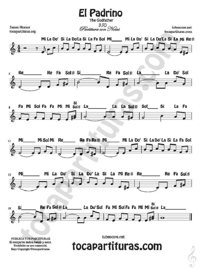 El Padrino Partitura Fácil Con Notas de Flauta Violín Oboe Saxofones Trompeta Clarinete... the ...