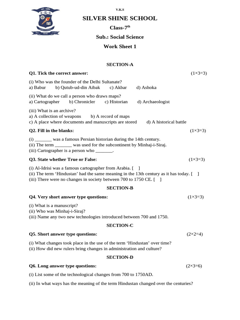 Worksheet 1 Class 7th | PDF