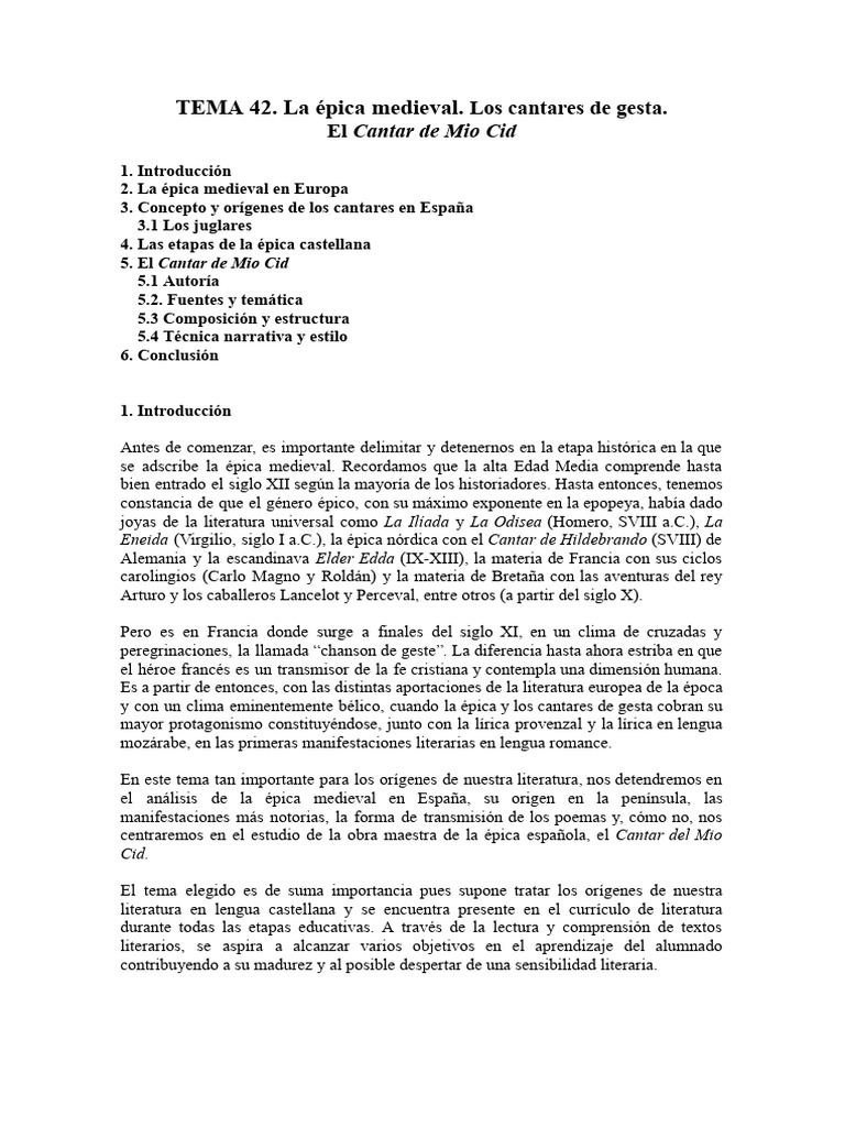 Tema 42. La Épica Medieval. Los Cantares de Gesta. El Cantar Del Mio ...