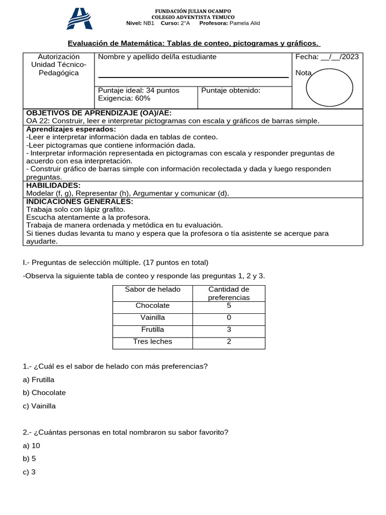 Prueba de Matemática Tabla de Conteo, Pictograma, Grafico de Barras | PDF