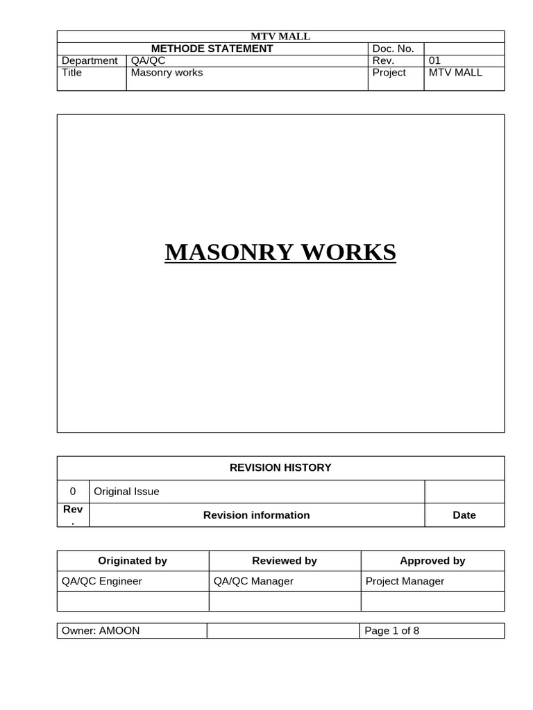 12-Masonry Work Method Statement - REV01 | PDF | Concrete ...