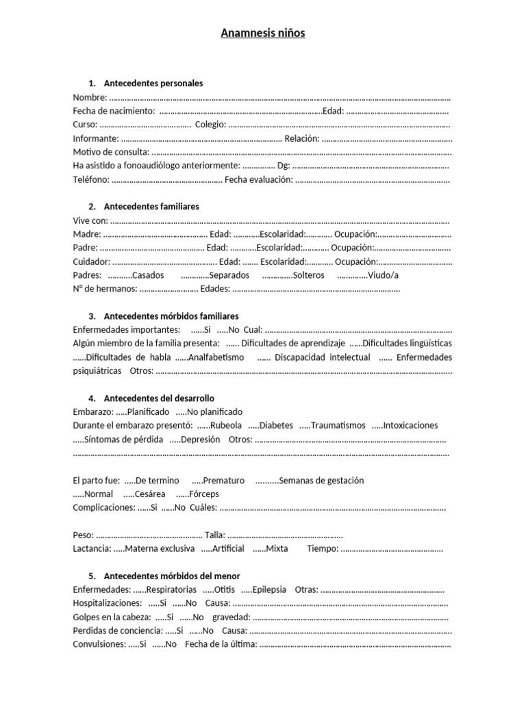 Anamnesis Niños | PDF | El embarazo | Enfermedades y trastornos humanos