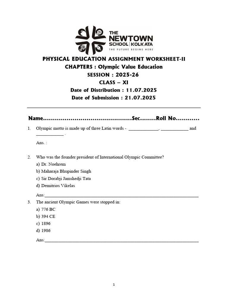 Physical Education Assignment Worksheet II XI 25 26 F | PDF | Olympic ...