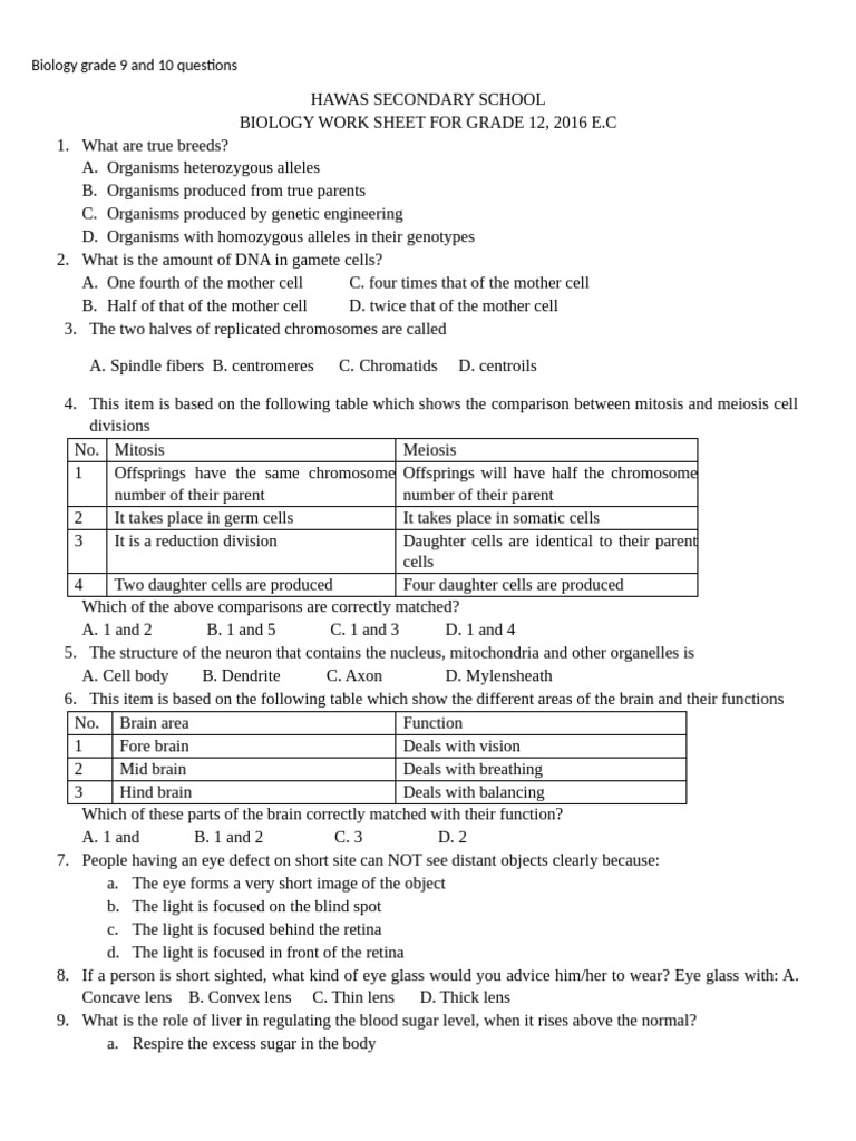 Biology Work Sheet For Grade 12 | PDF | Blood | Lung