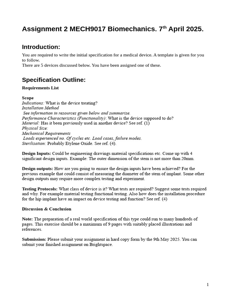 Medical Device Specification Assignment | PDF | Implant (Medicine ...