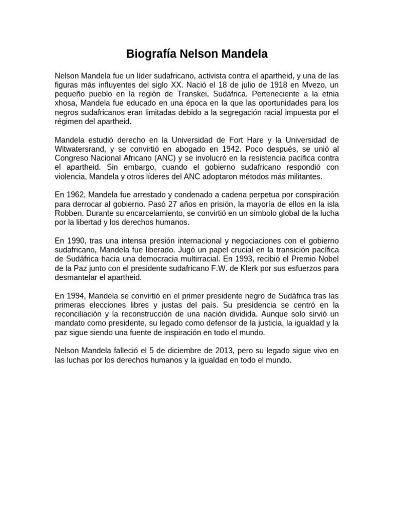 Biografía de Nelson Mandela | PDF | Nelson Mandela | Segregación racial