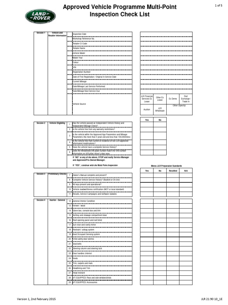 JLR Multi-Point Vehicle Inspection Checklist | PDF | Trunk (Car) | Brake