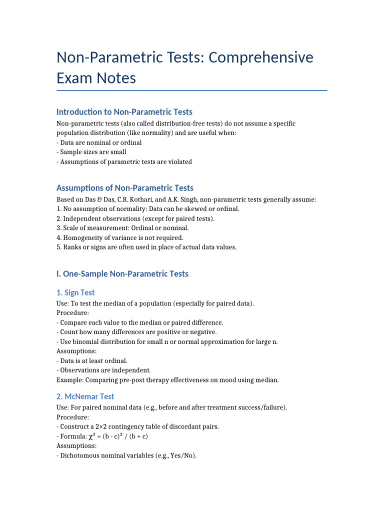 Non-Parametric Tests Exam Notes | PDF | Nonparametric Statistics | Mann ...