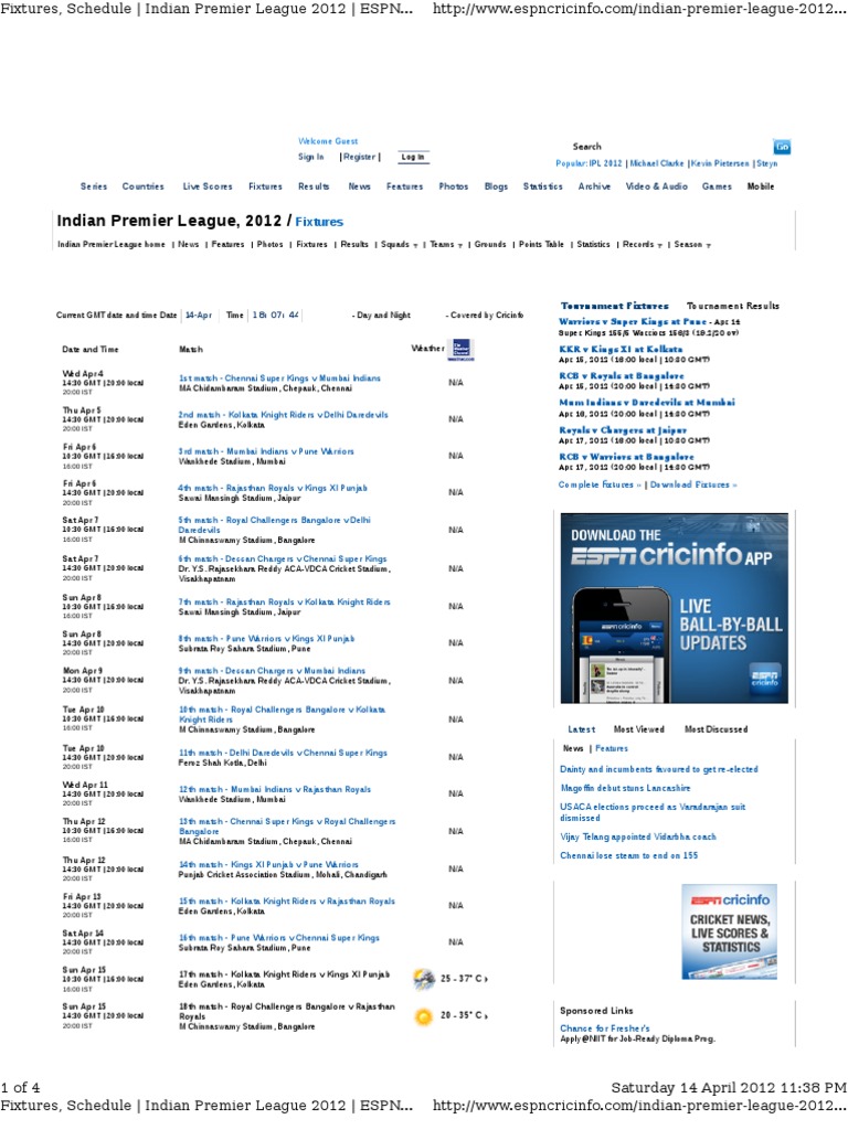 Indian Premier League, 2012: Fixtures | PDF | Cricket | Sports