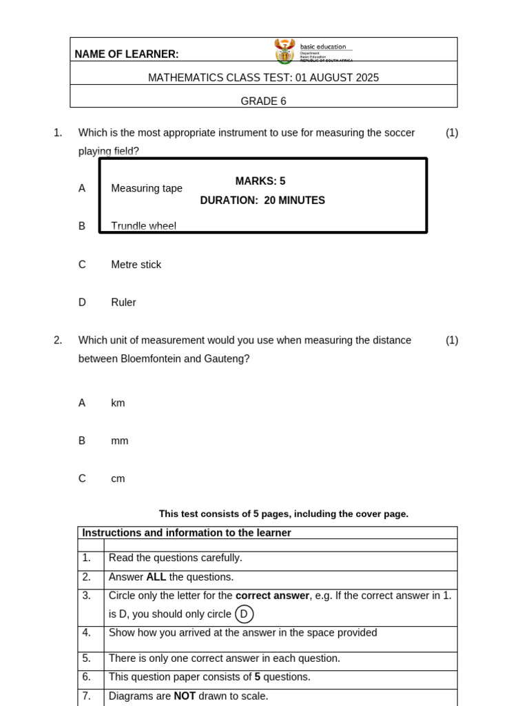 01 August 2025 Grade 6 Mathematics Class Test | PDF | Chess Theory | Chess