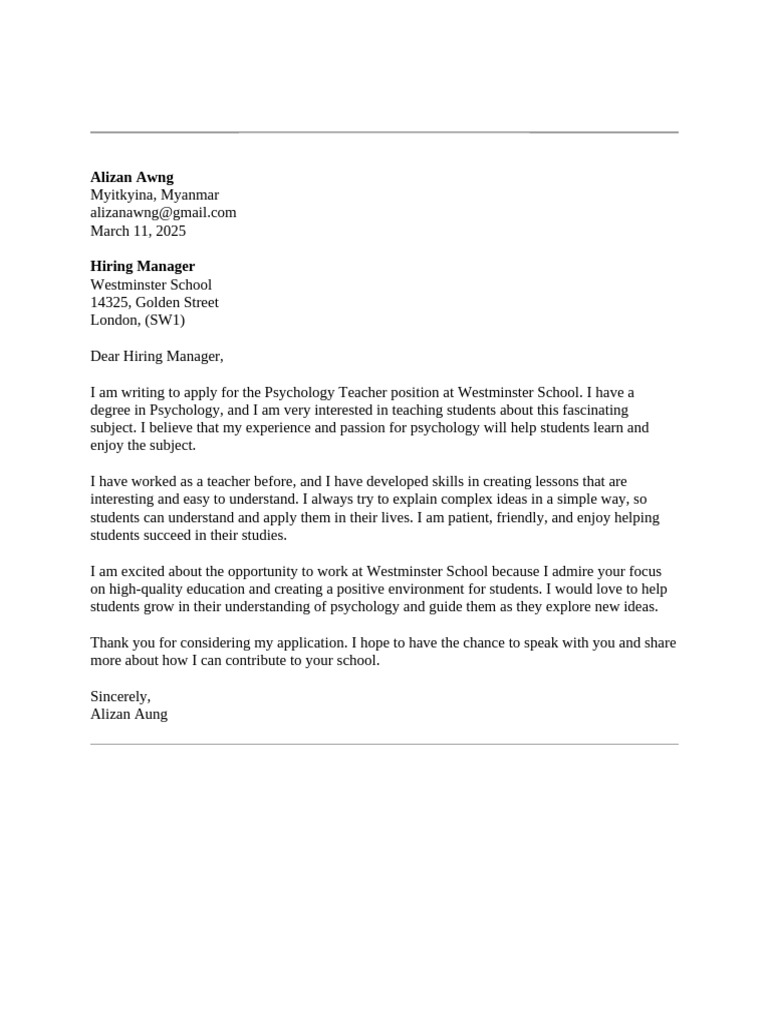 Psychology Teacher Application Letter | PDF