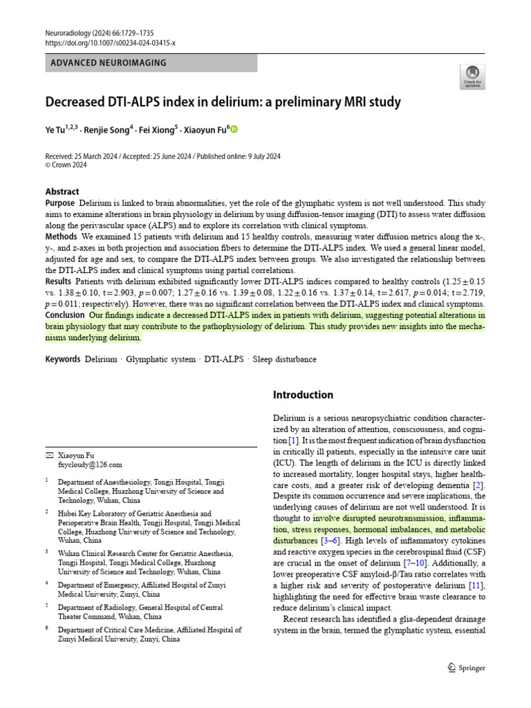 DTI-ALPS Index in Delirium Study | PDF | Magnetic Resonance Imaging ...