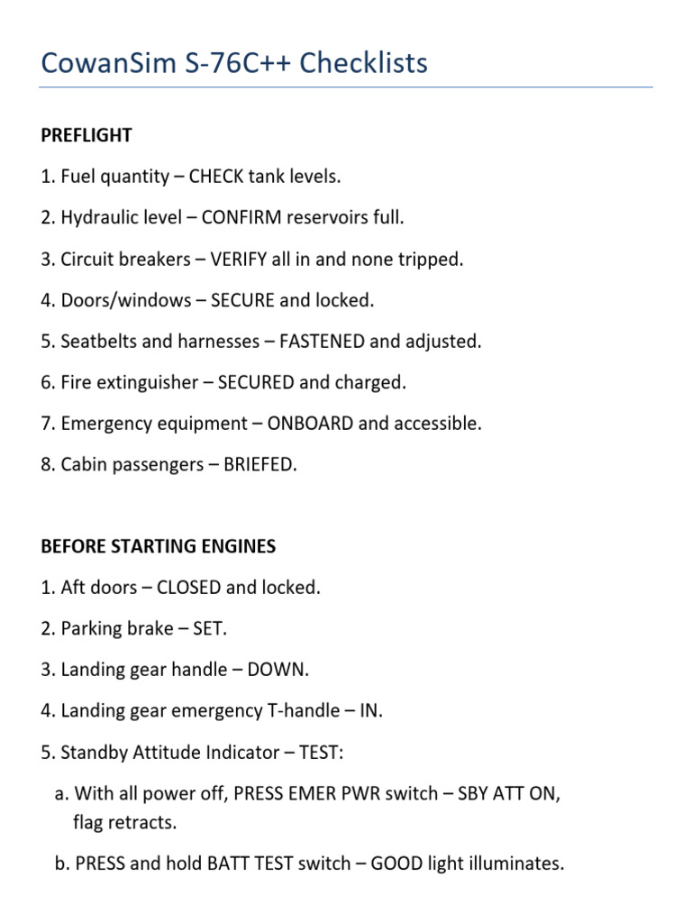 CowanSim S-76C++ Preflight Checklists | PDF | Aviation | Aircraft