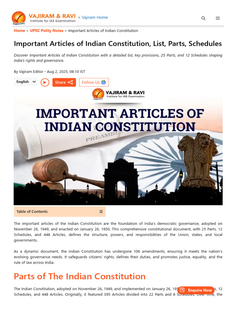 Important Articles of Indian Constitution, List, Parts, Schedules | PDF ...