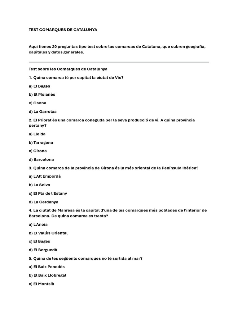 Test Comarques Catalunya | PDF
