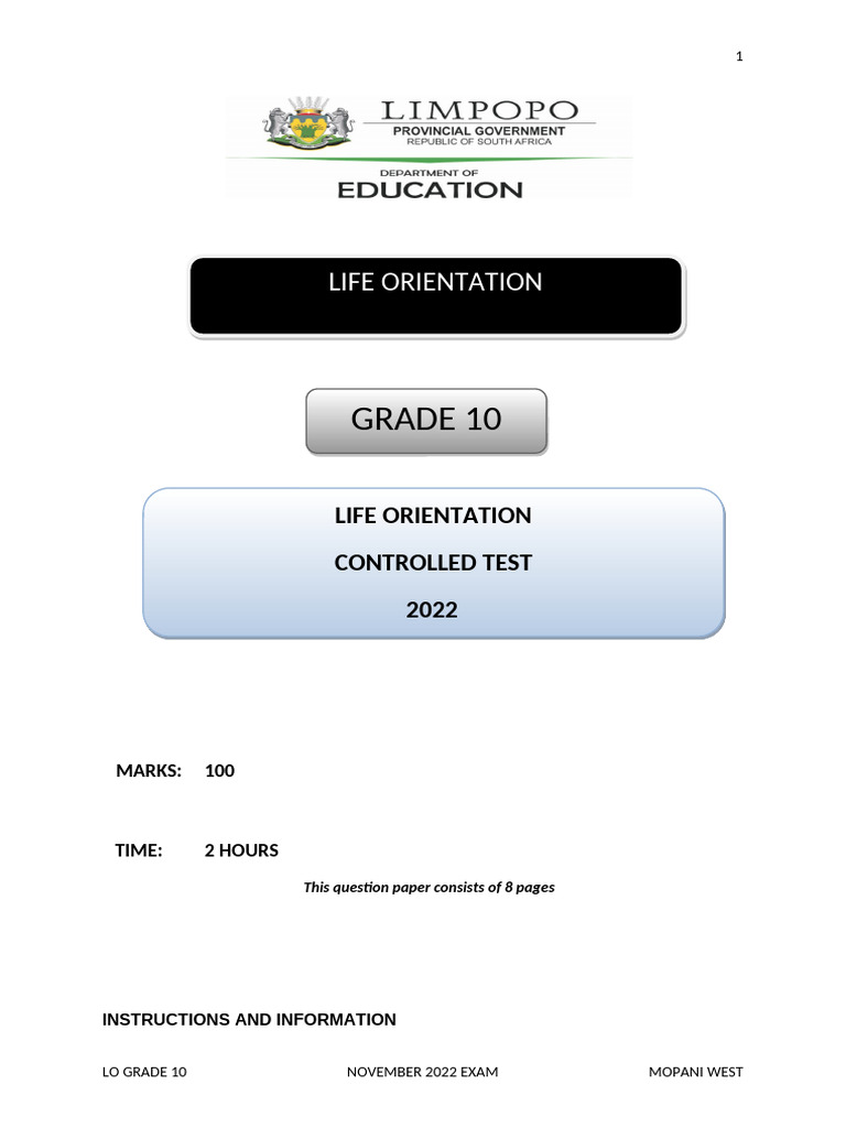 Grade 10 Life Orientation November 2022 Exam | PDF | Social Psychology