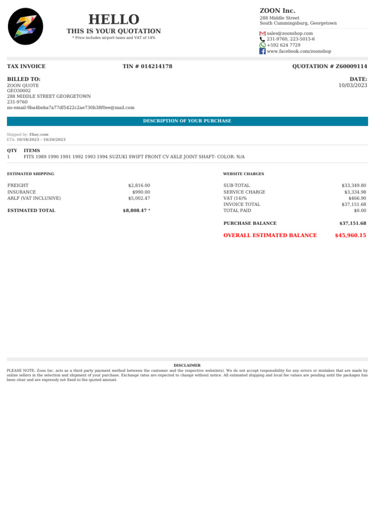 Quotation Z60009114 | PDF | Value Added Tax | Invoice