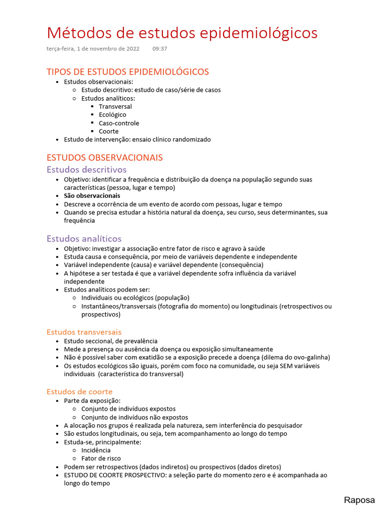 Tipos de Estudos Epidemiológicos | PDF | Epidemiologia | Fator de risco