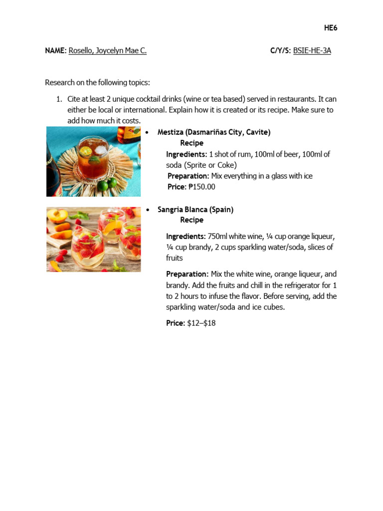 Mestiza Cocktail Recipe and Cost | PDF | Drink | Caramel