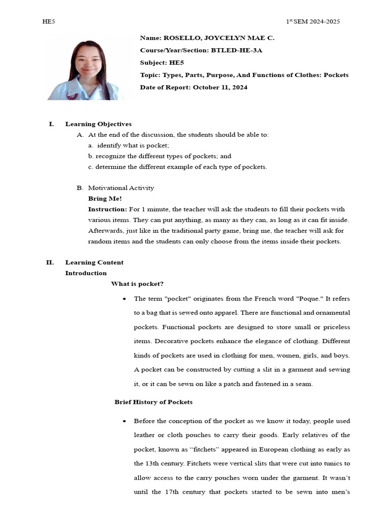 HE5 Types, Parts, Purpose, And Functions of Clothes (Pockets) (1) | PDF ...