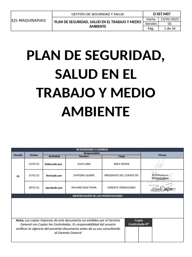 Plan de Seguridad y Salud en El Trabajo y Medio Ambiente EJS MAQUINARIAS | PDF | Seguridad y ...