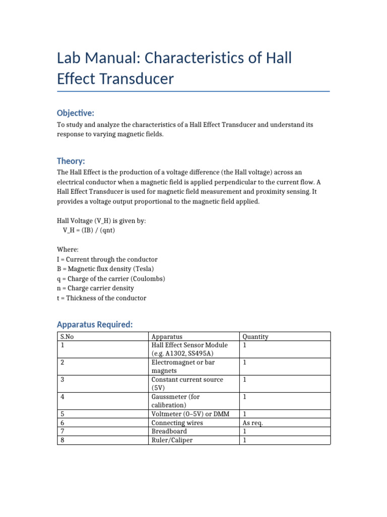 Hall Effect Transducer Lab Manual | PDF | Magnetic Field | Voltage