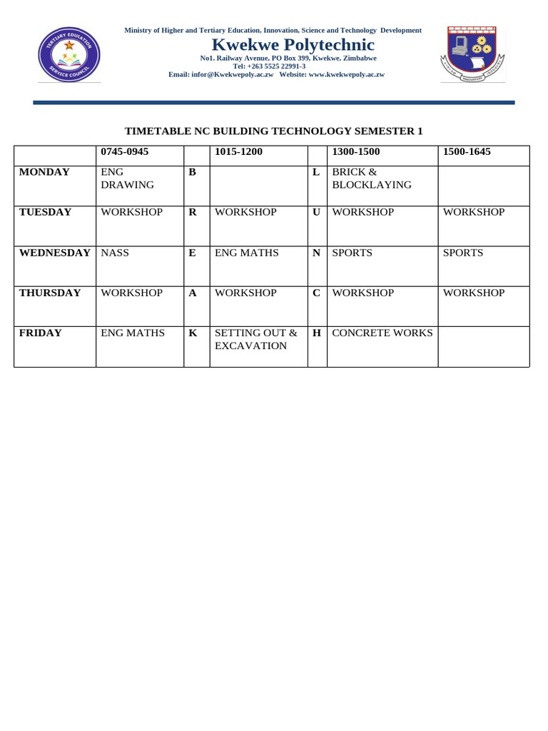 NC Building Technology Semester 1 Timetable | PDF