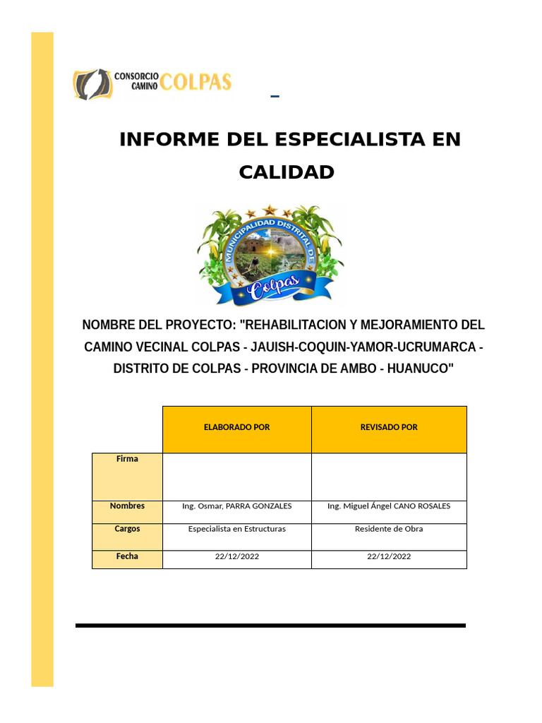 Informe Calidad Camino Colpas-Huánuco | PDF