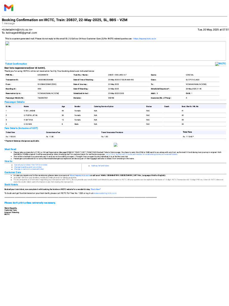 Gmail - Booking Confirmation On IRCTC, Train - 20837, 22-May-2025, SL ...