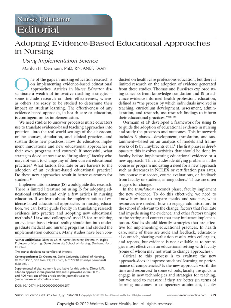 Adopting Evidence-Based Educational Approaches in Nursing_Using Implementation Science | PDF ...